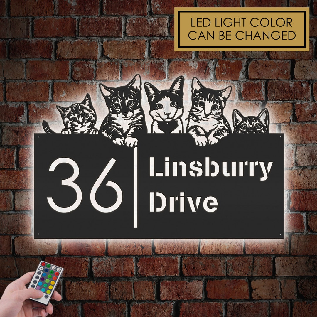 Personalized Peeking Cats Metal Address Sign With LED Lights House ...