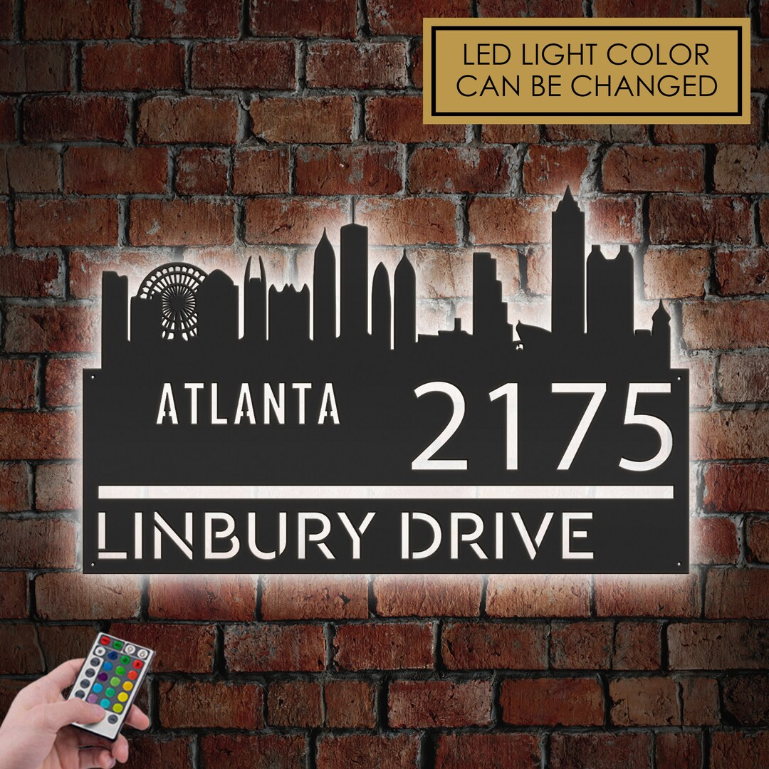 Personalized Atlanta City Skyline Metal Address Sign With LED Lights ...
