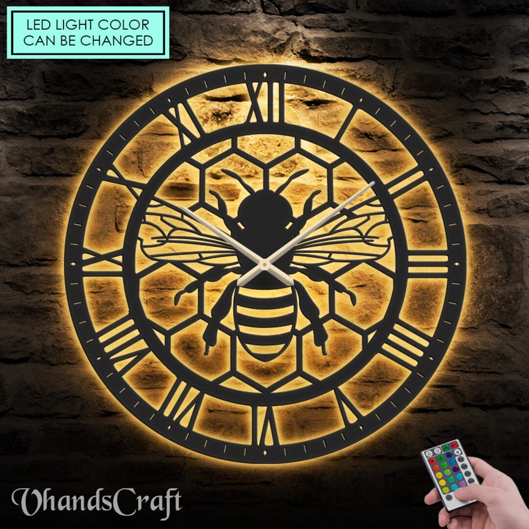 Black Large Beehive Honeycomb Roman Numbers Metal Wall Clock LED Lights ...