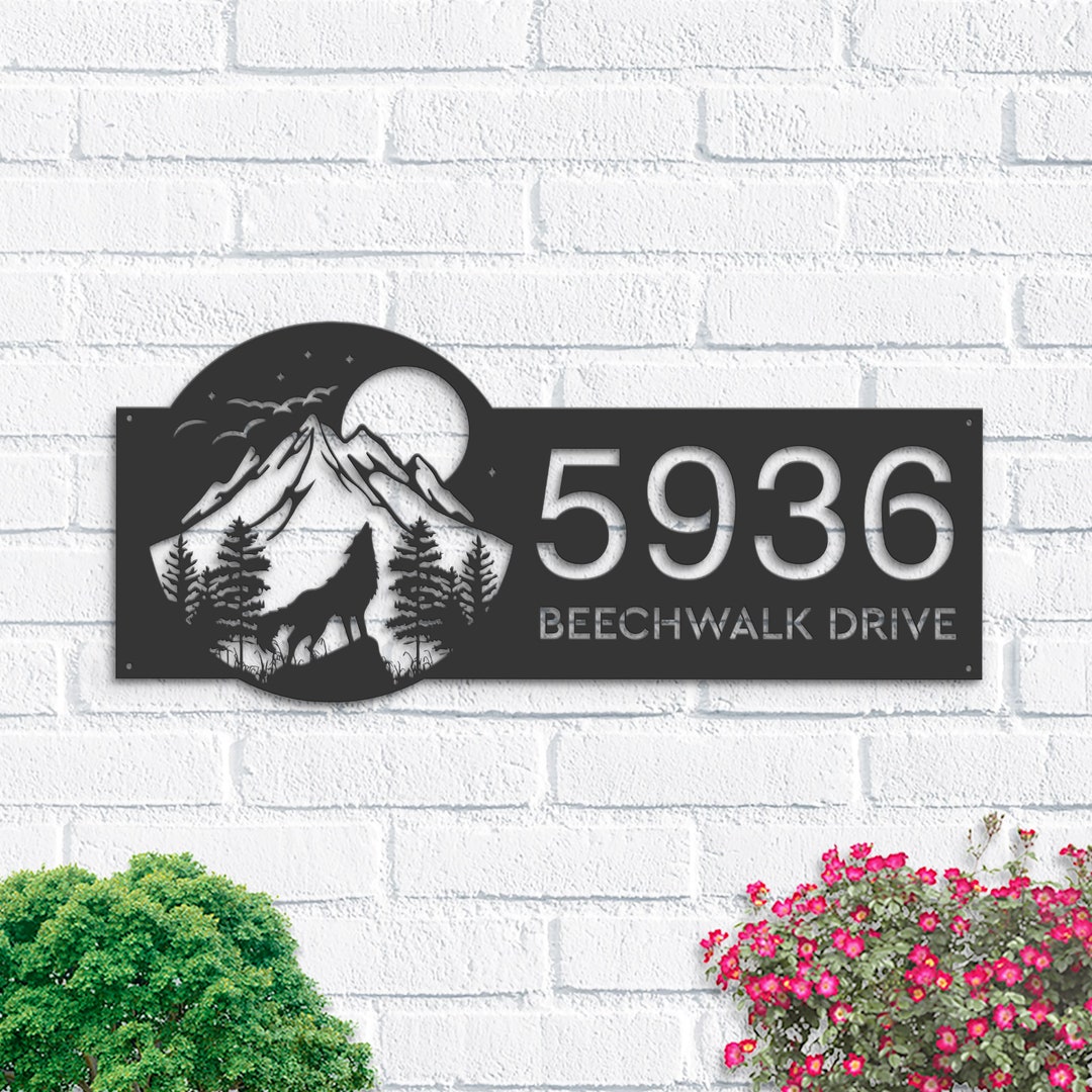 Personalized Wolf Howling Metal Address Sign, Mountain Scene, Outdoor ...