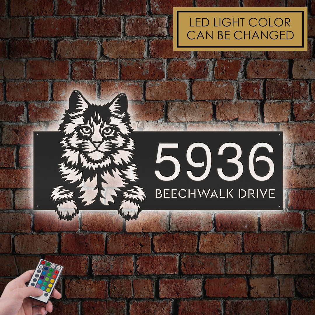 Personalized Peeking Maine Coon Cat Metal Address Sign With LED Lights ...