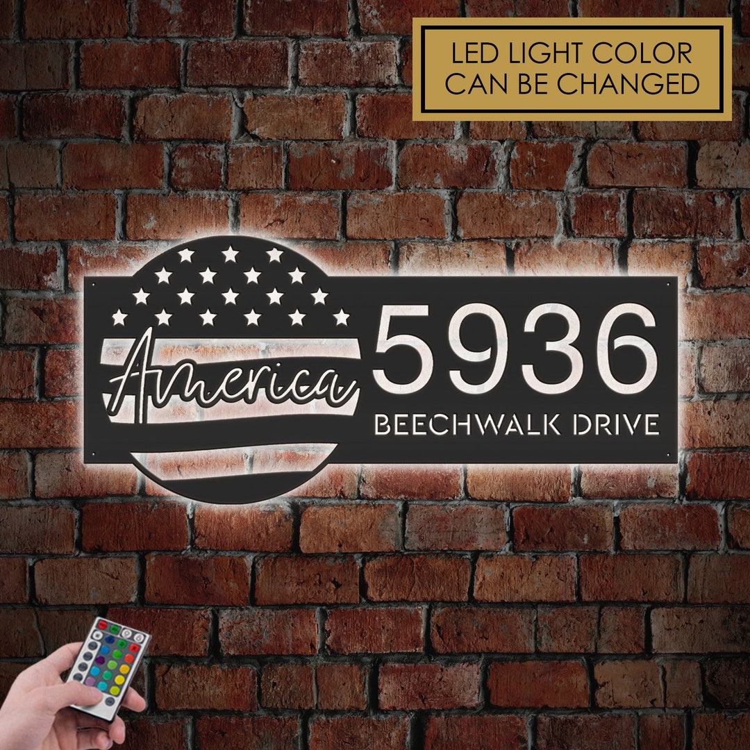 Personalized America US Flag Metal Address Sign With LED Lights House ...