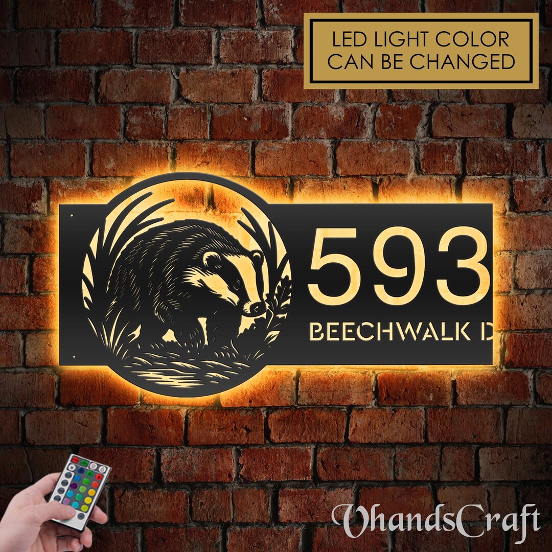 Personalized Badger Metal Address Sign With LED Lights - House Number ...