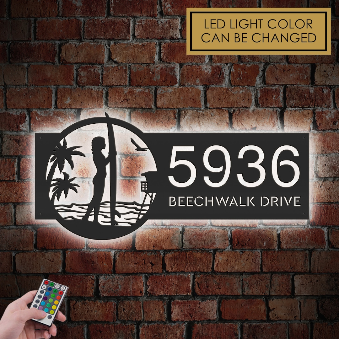 Personalized Longboard Female Surfer Metal Address Sign With LED Lights ...