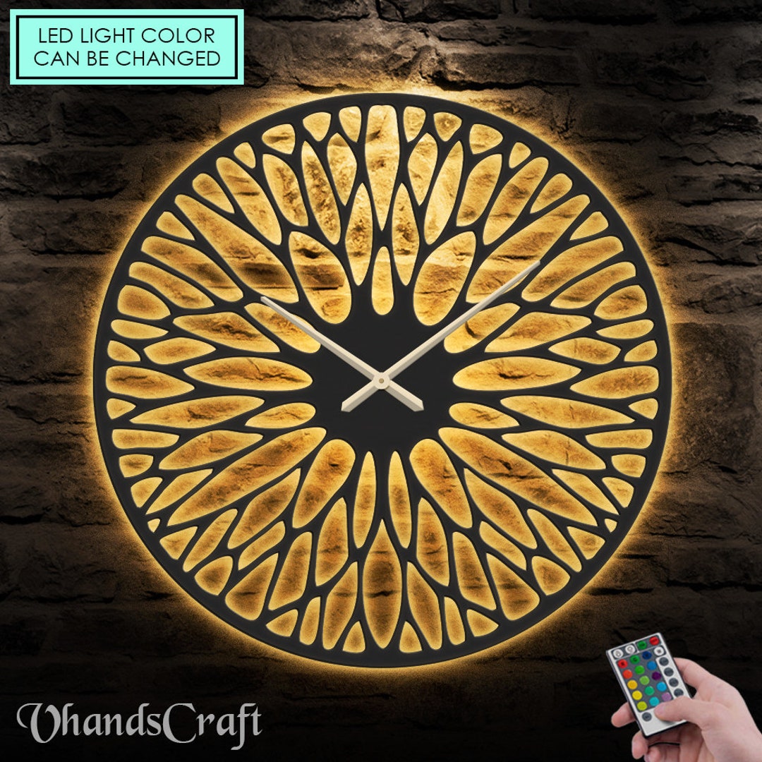 Black Large Flower Metal Wall Clock LED Lights, Modern Silent Wall ...