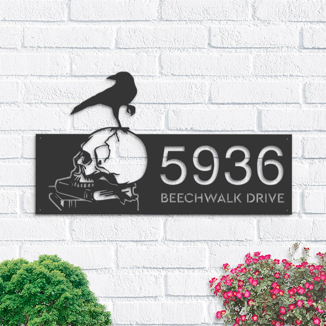 Personalized Raven Skull Metal Address Sign, Halloween Decor - Etsy