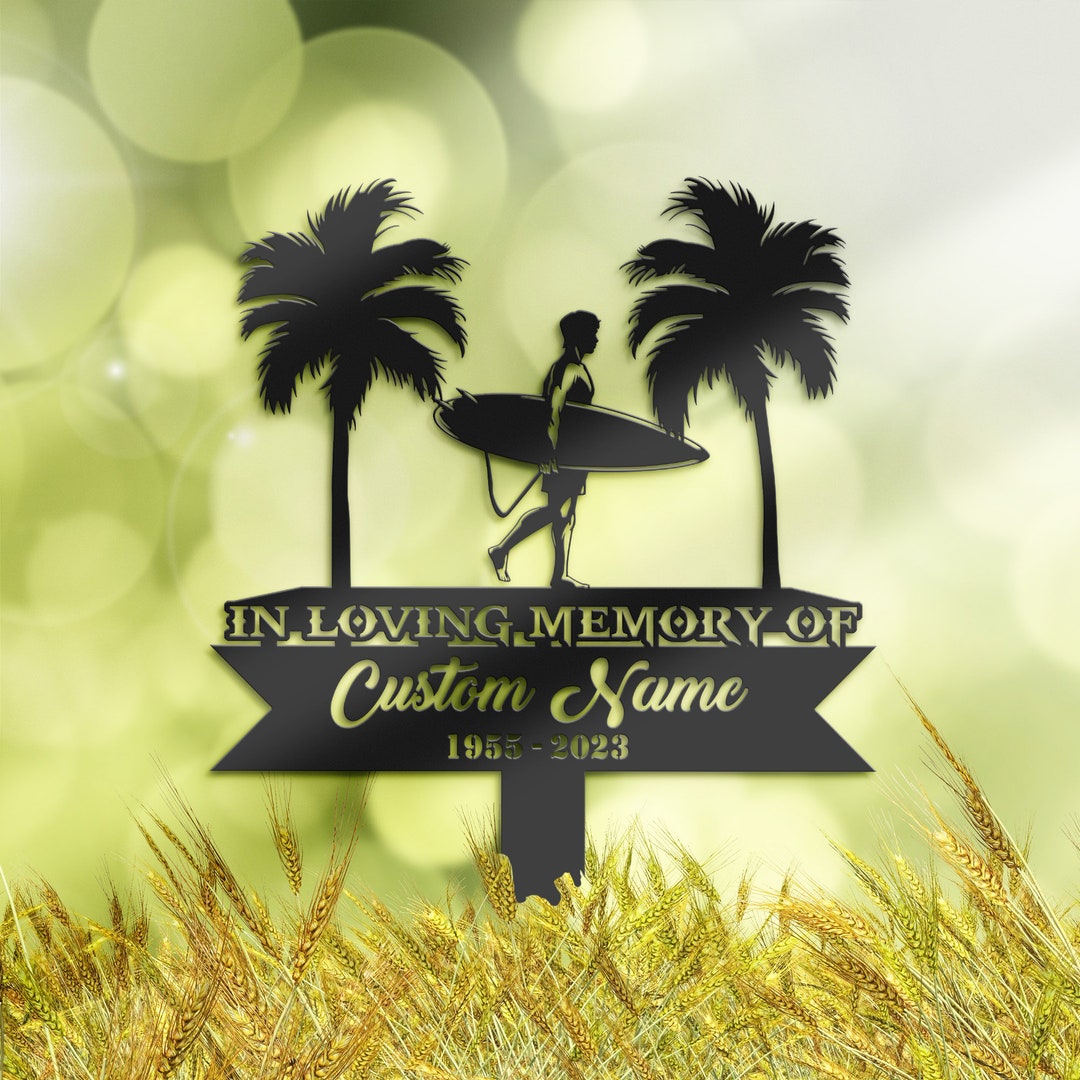 Personalized Surfer Palm Tree Memorial Stake, Metal Stake, Sympathy ...