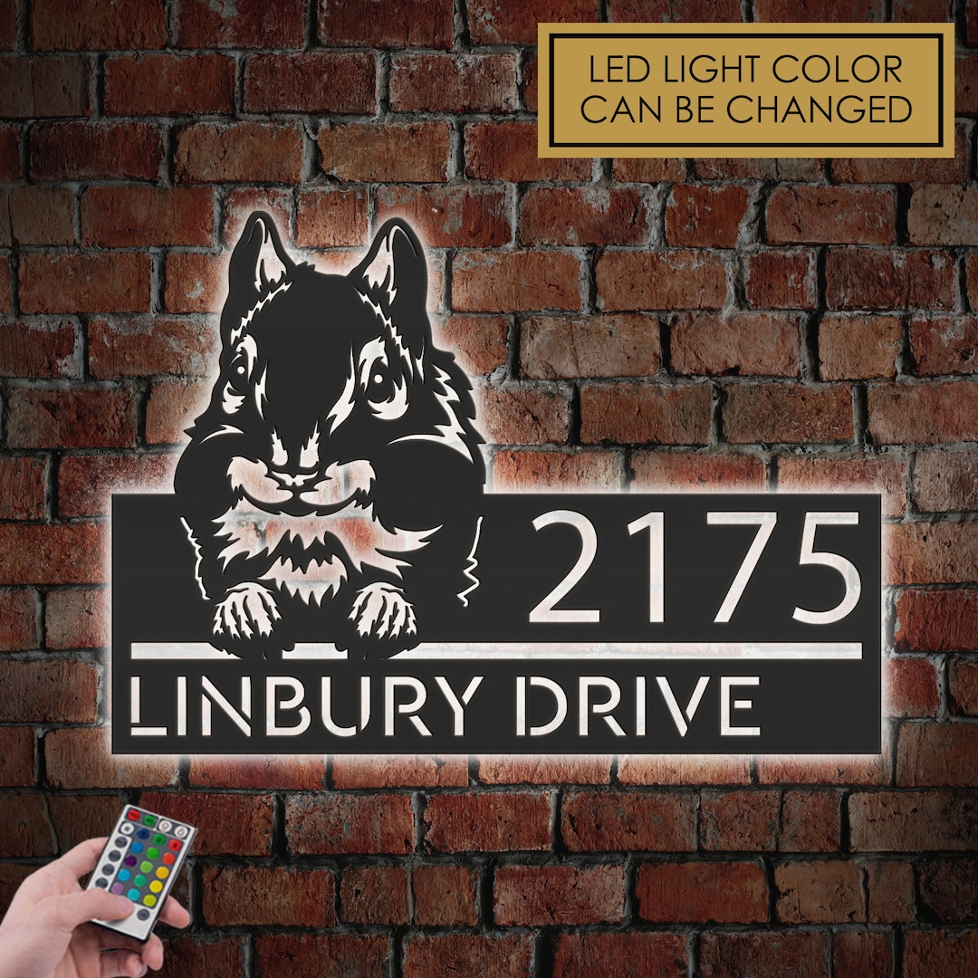 Personalized Peeking Chipmunk Metal Address Sign With LED Lights House ...
