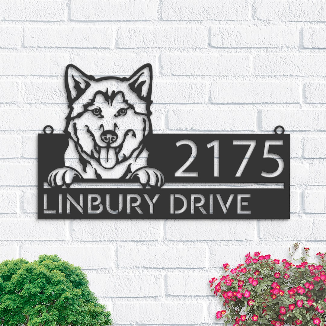 Personalized Husky Dog, Cute Puppy Metal Address Sign House Number ...
