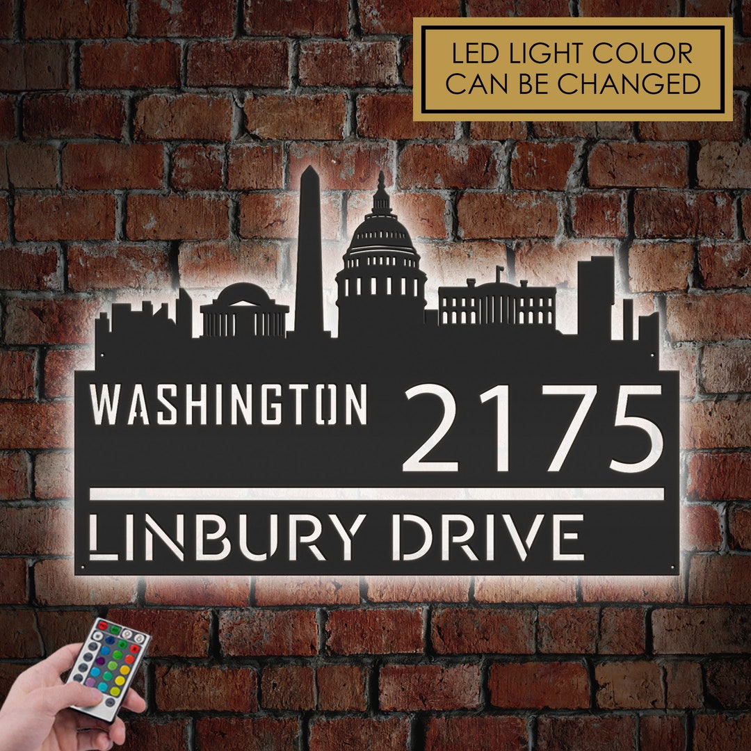 Personalized Washington City Skyline Metal Address Sign With LED Lights ...