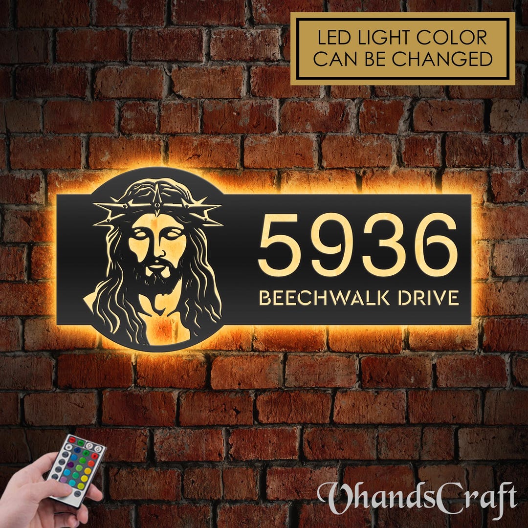 Personalized Jesus Christ Metal Address Sign With LED Lights House ...