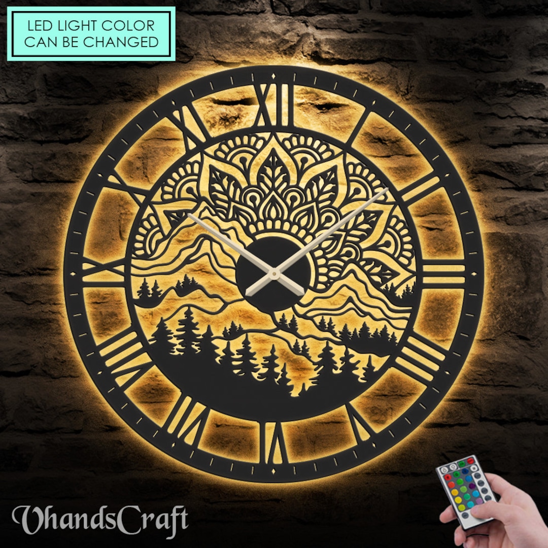 Black Large Mountain Scene Wild Life Metal Wall Clock LED Lights ...