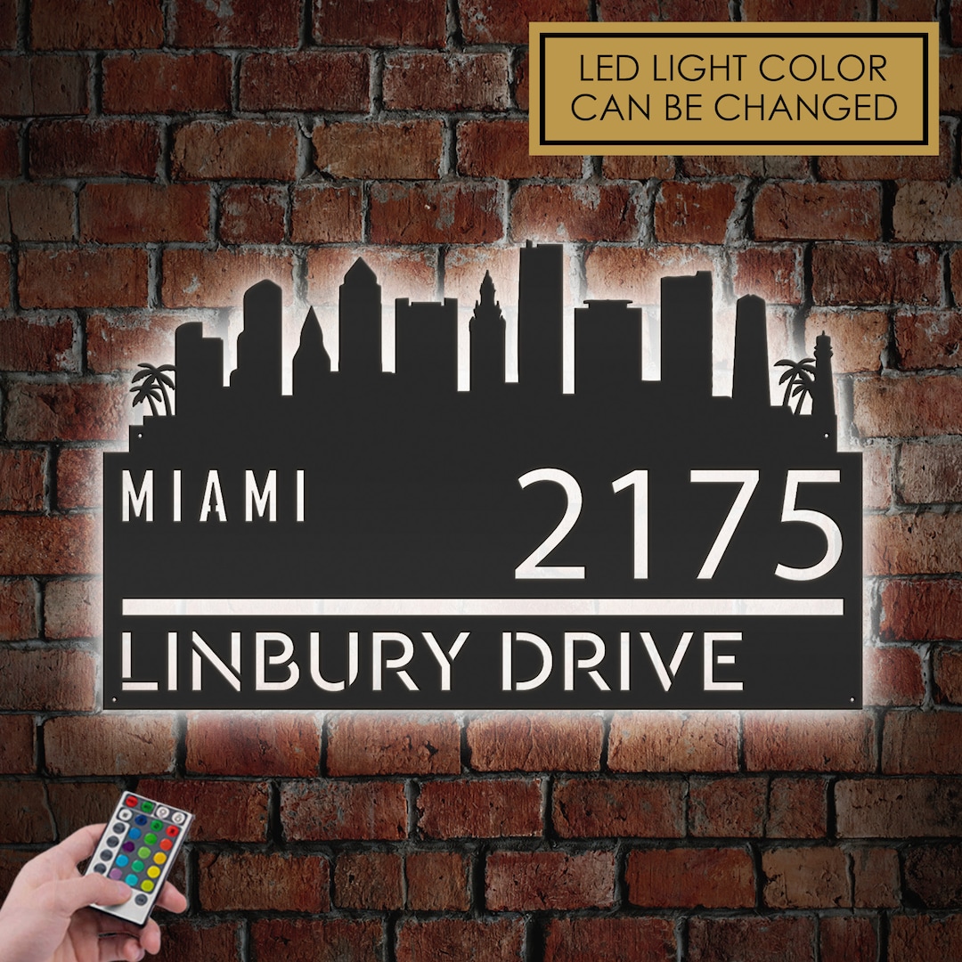 Personalized Miami City Skyline Metal Address Sign With LED Lights ...
