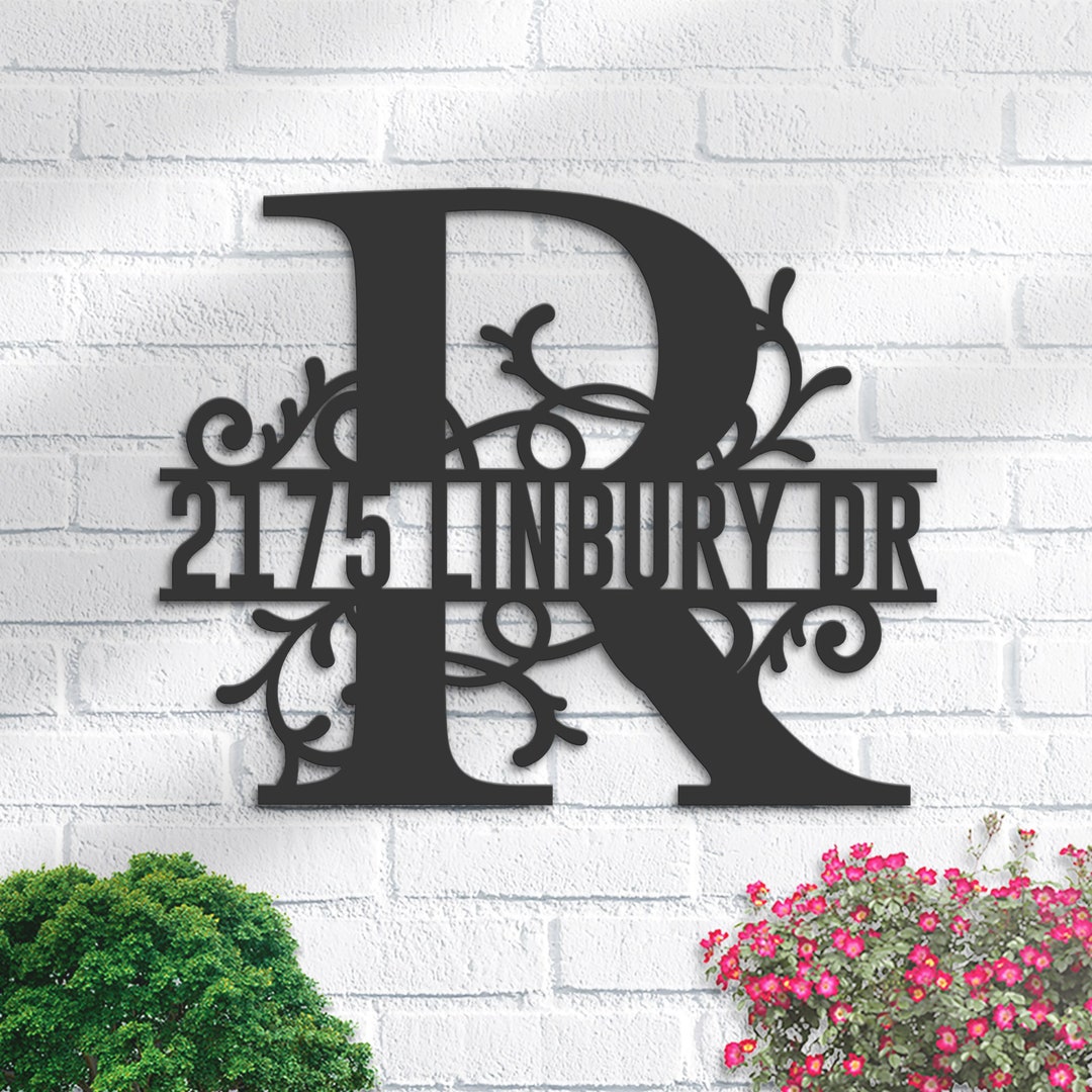 Personalized Floral Monogram Split Letter R Metal Address Sign House ...