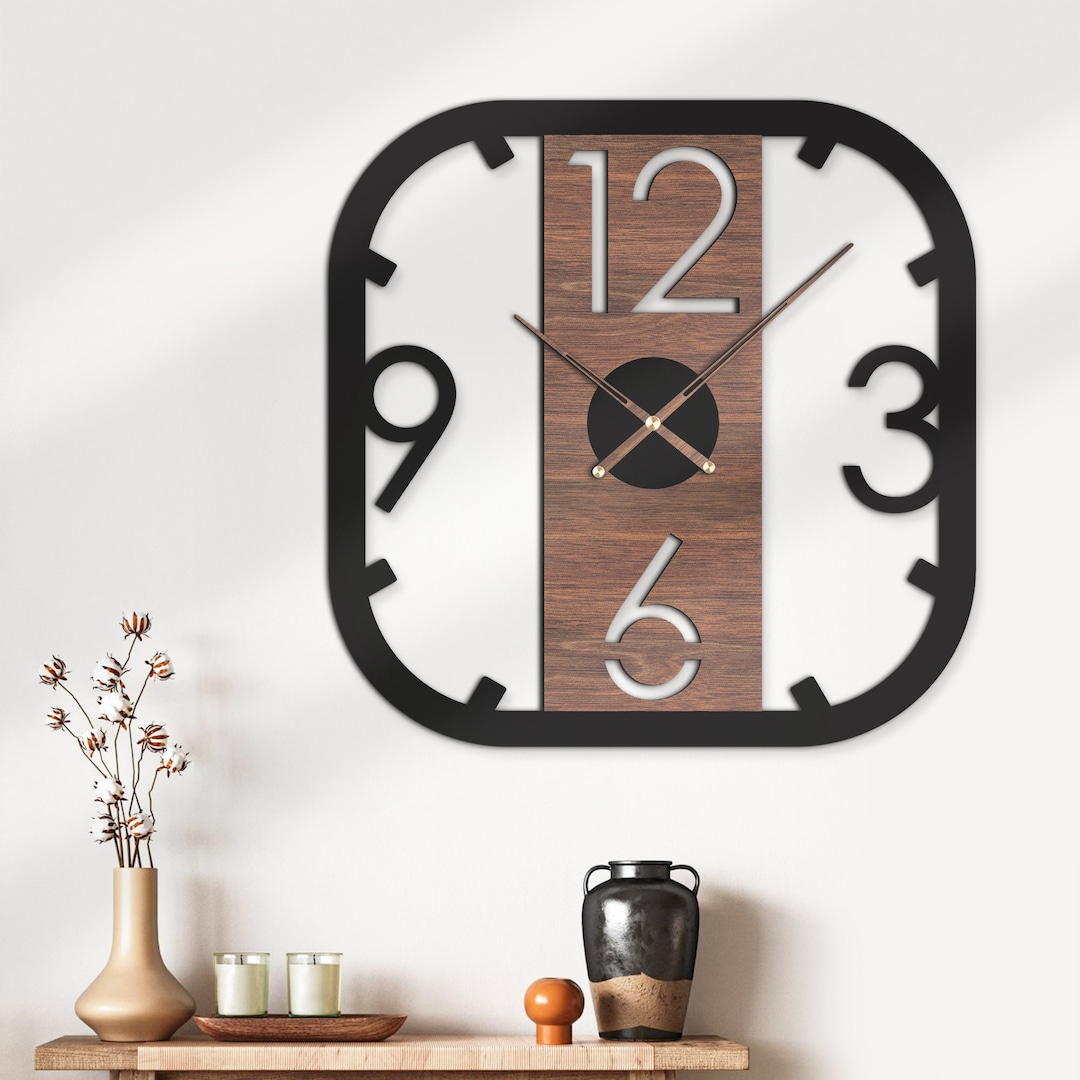 Mid Century Modern Wooden Wall Clock With Large Minimalist Rustic Black ...