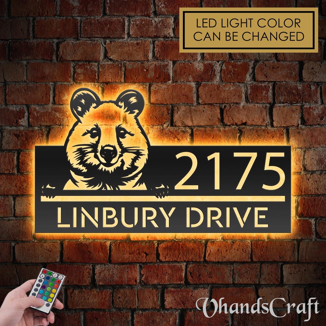 Personalized Peeking Quokka Metal Address Sign With LED Lights House ...