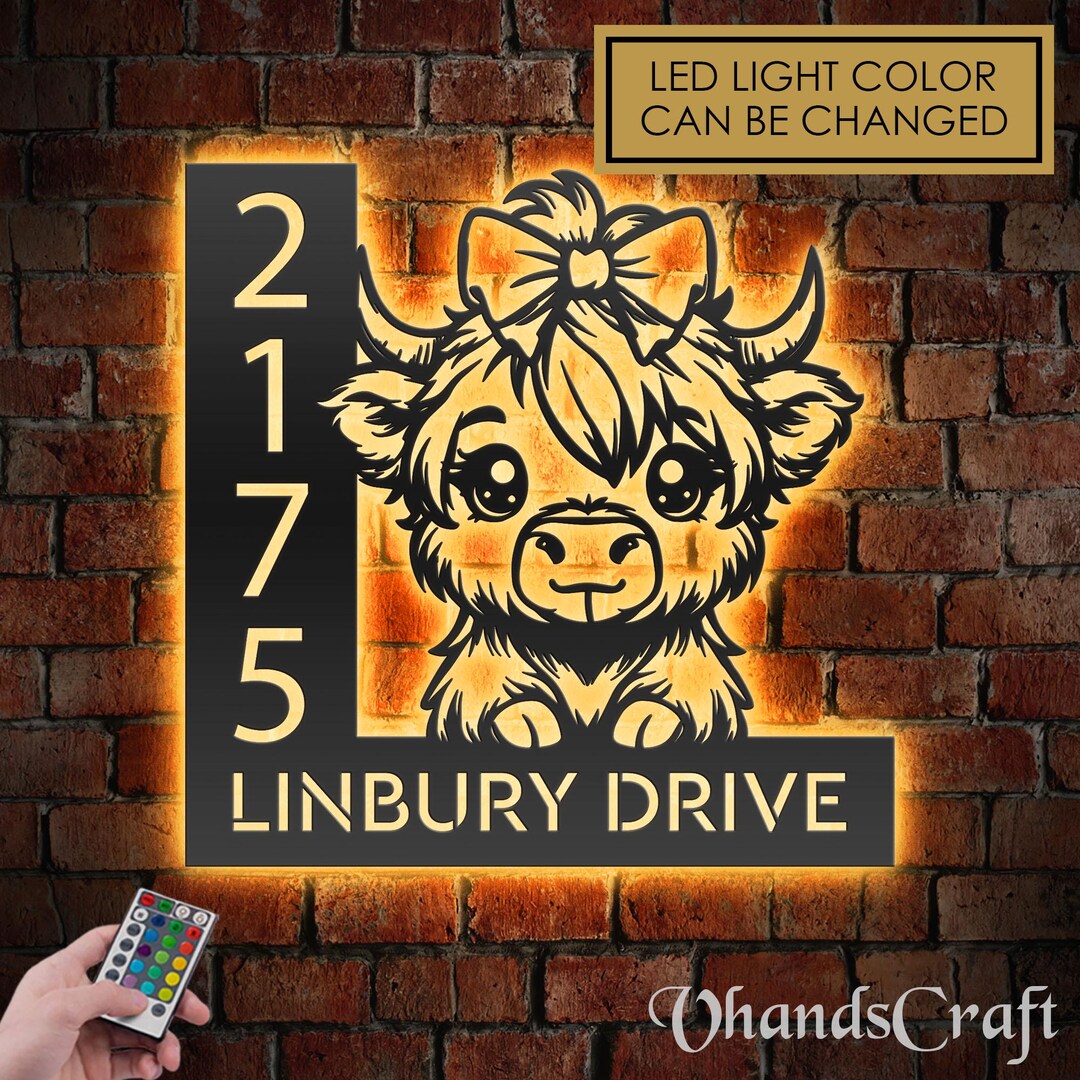 Personalized Highland Cow Address Sign With LED Lights - Custom Metal ...