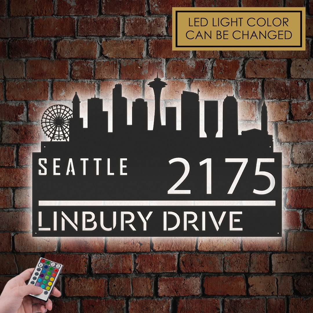Personalized Seattle City Skyline Metal Address Sign With LED Lights ...
