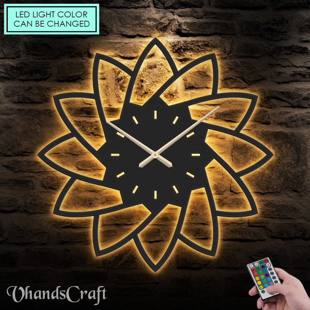 Black Large Flower Metal Wall Clock LED Lights, Modern Wall Clock, Home ...