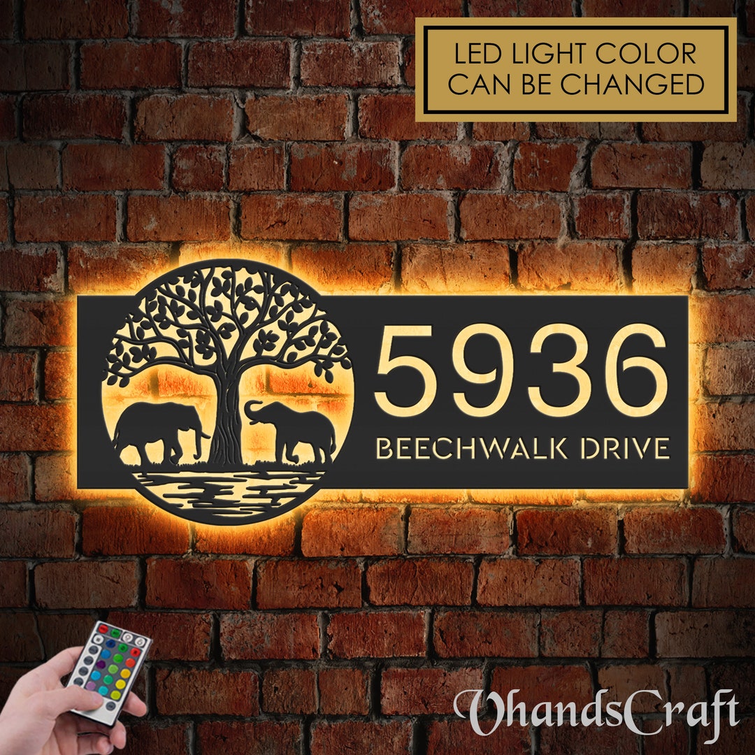 Personalized Leafy Tree and Couple Walking Elephants Metal Address Sign ...