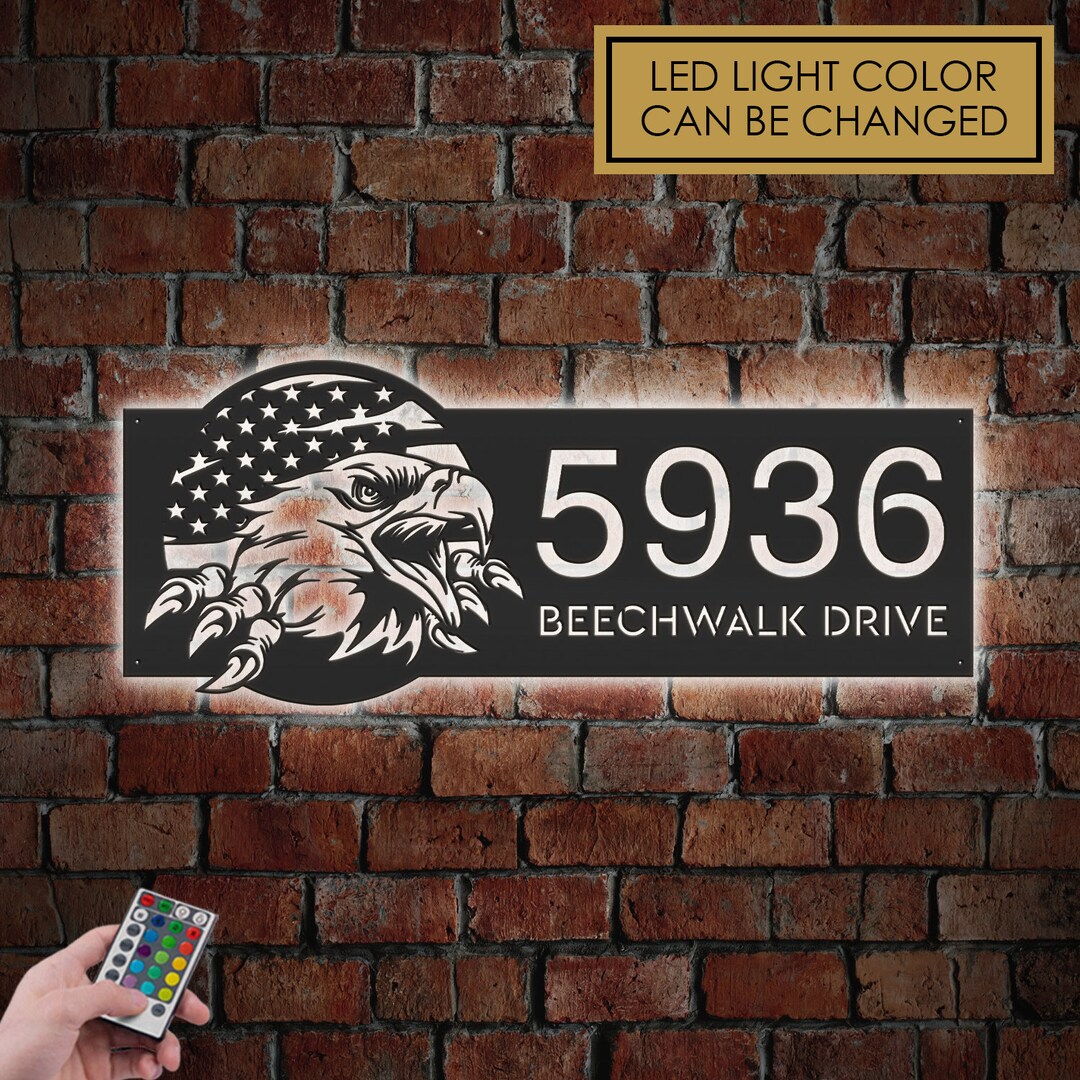 Personalized Metal Address Sign | American Eagle, LED Lights - Etsy