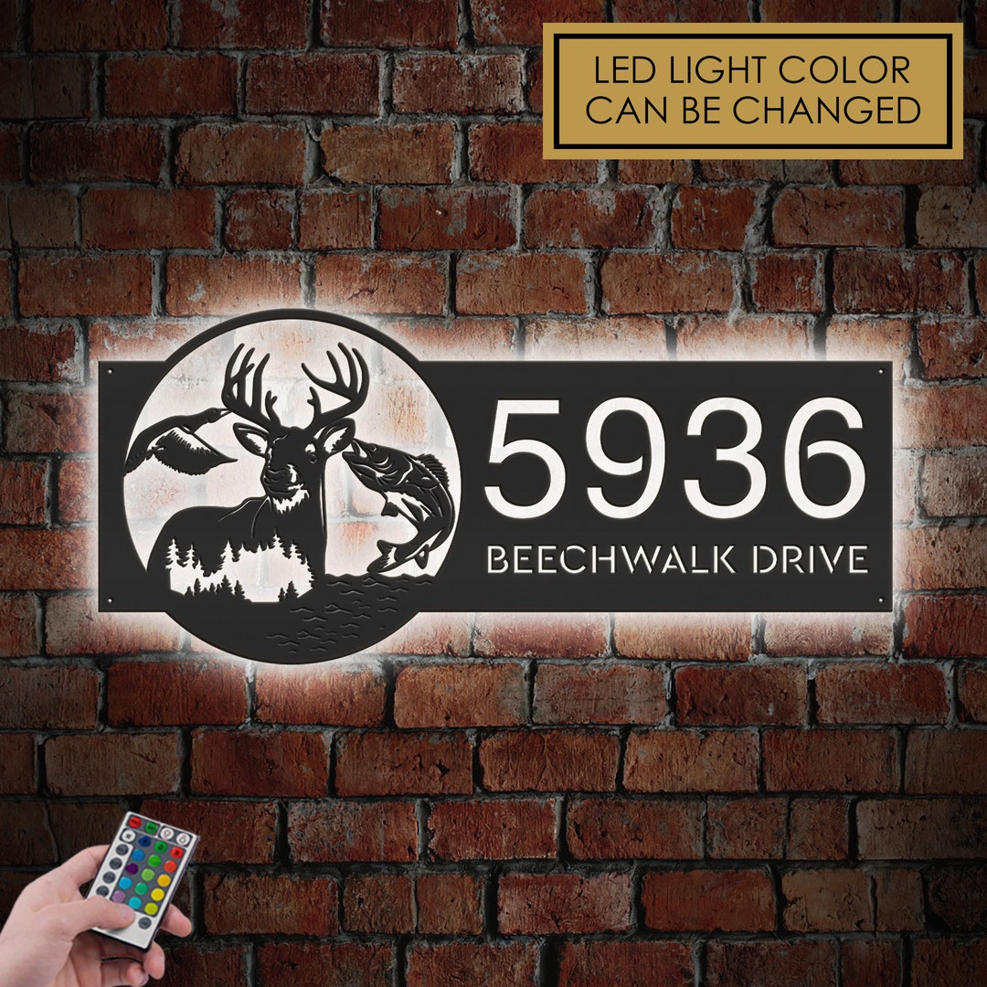 Personalized Deer Fish Duck Fishing Rod Metal Address Sign With LED ...