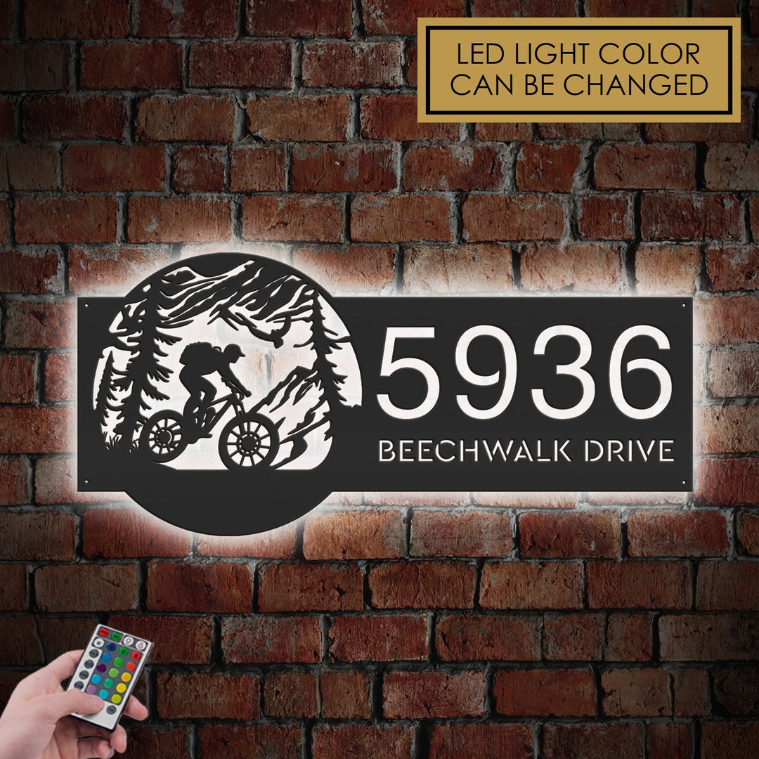 Personalized Mountain Bike Biker MTB Metal Address Sign With LED Lights ...