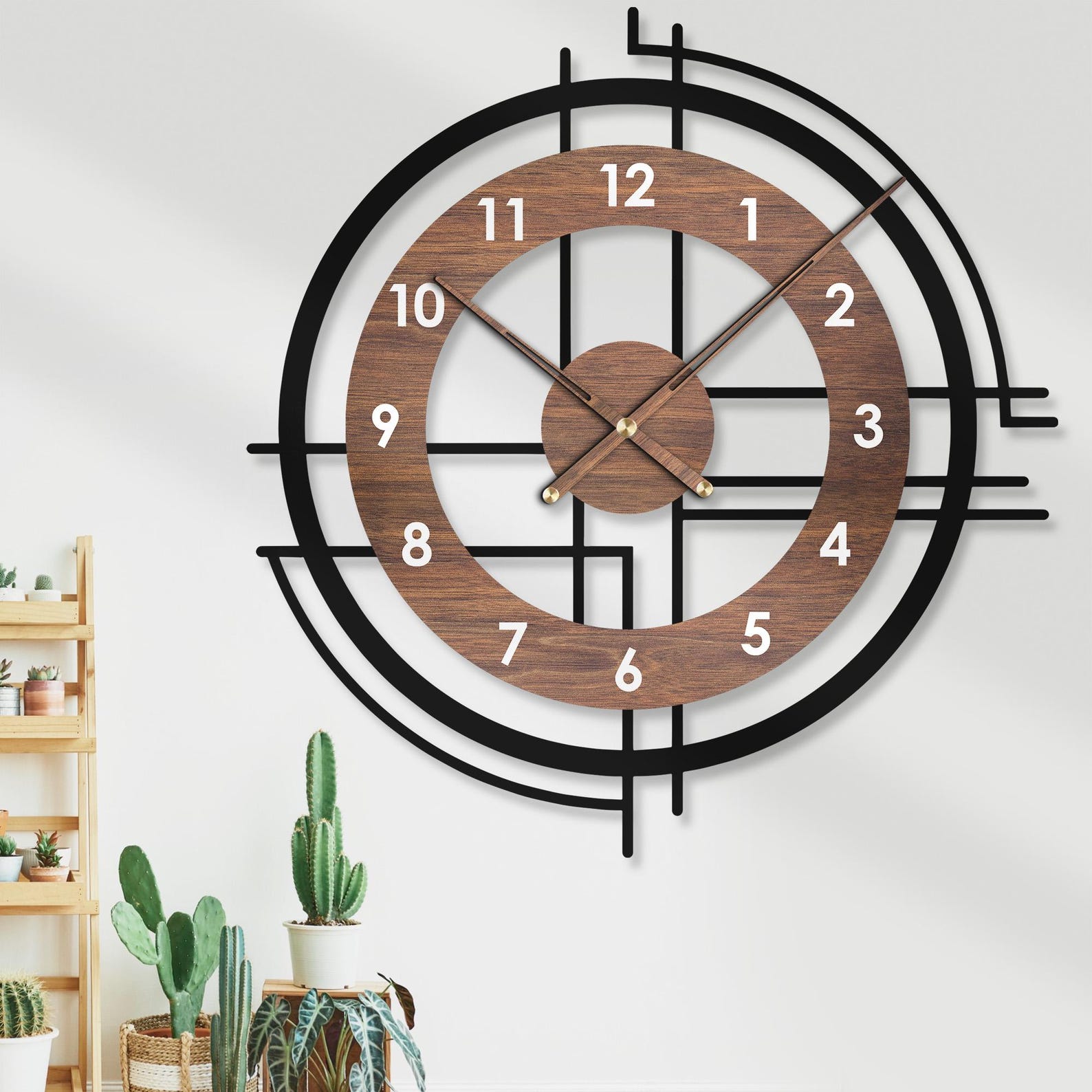 Minimalist Wooden Wall Clock, Rustic Black Metal, LED Lights - Etsy