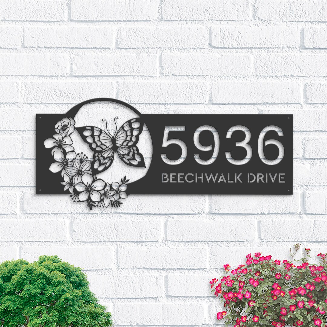 Personalized Butterfly Flowers Metal Address Sign | Hanging or Stake - Etsy