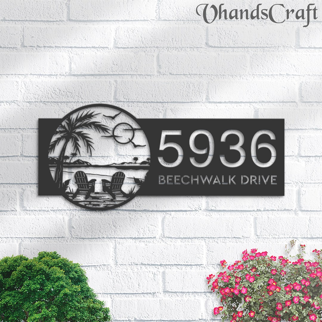 Personalized Palm Tree Chairs on Beach Sunset Metal Address Sign Custom ...