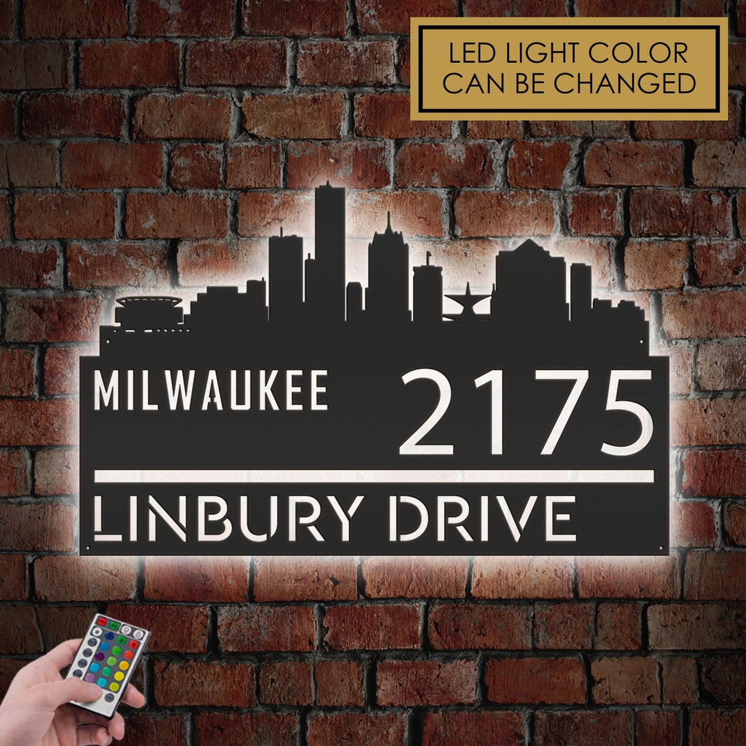 Personalized Milwaukee City Skyline Metal Address Sign With LED Lights ...