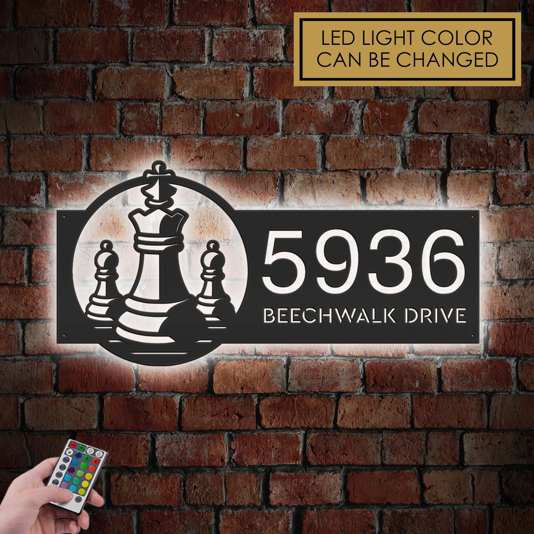 Personalized Chess Metal Address Sign With LED Lights House Number ...