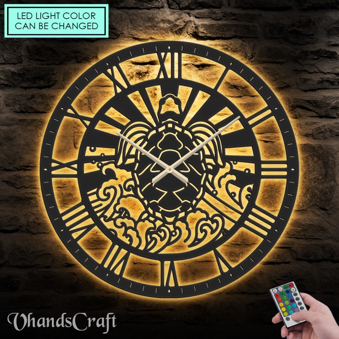 Black Large Sea Turtle Metal Wall Clock LED Lights, Modern Wall Clock ...