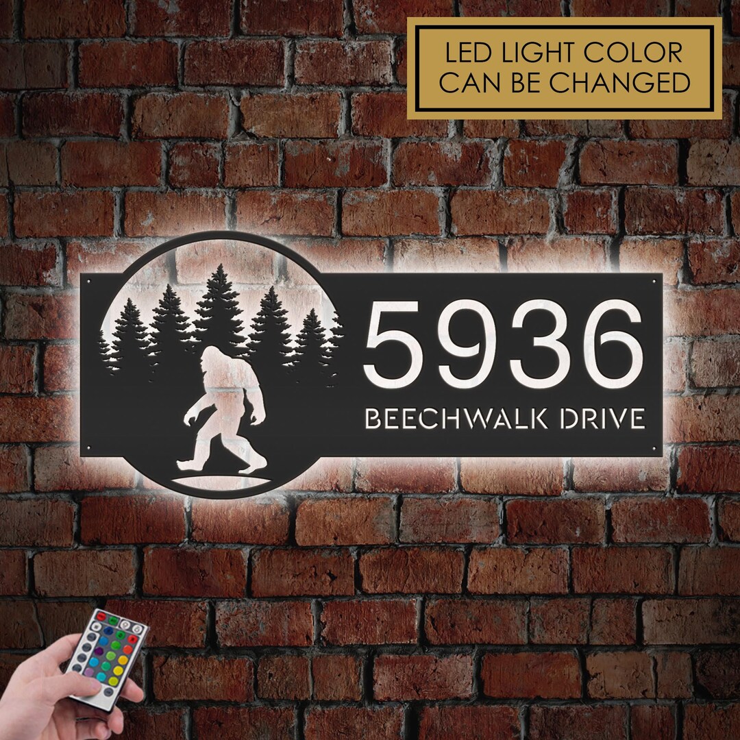Personalized Bigfoot Sasquatch Forest Metal Address Sign With LED ...