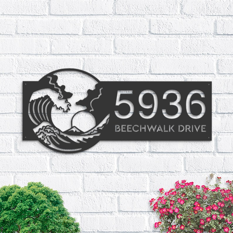 Personalized Waves Metal Address Sign | Modern House Number Plaque - Etsy