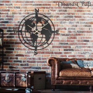 Black Large Compass Globe World Map Metal Wall Clock LED Lights, Modern ...
