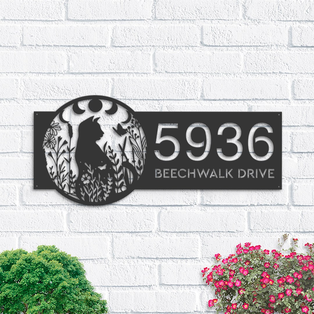 Personalized Floral Cat Moon Phases Metal Address Sign House Number ...
