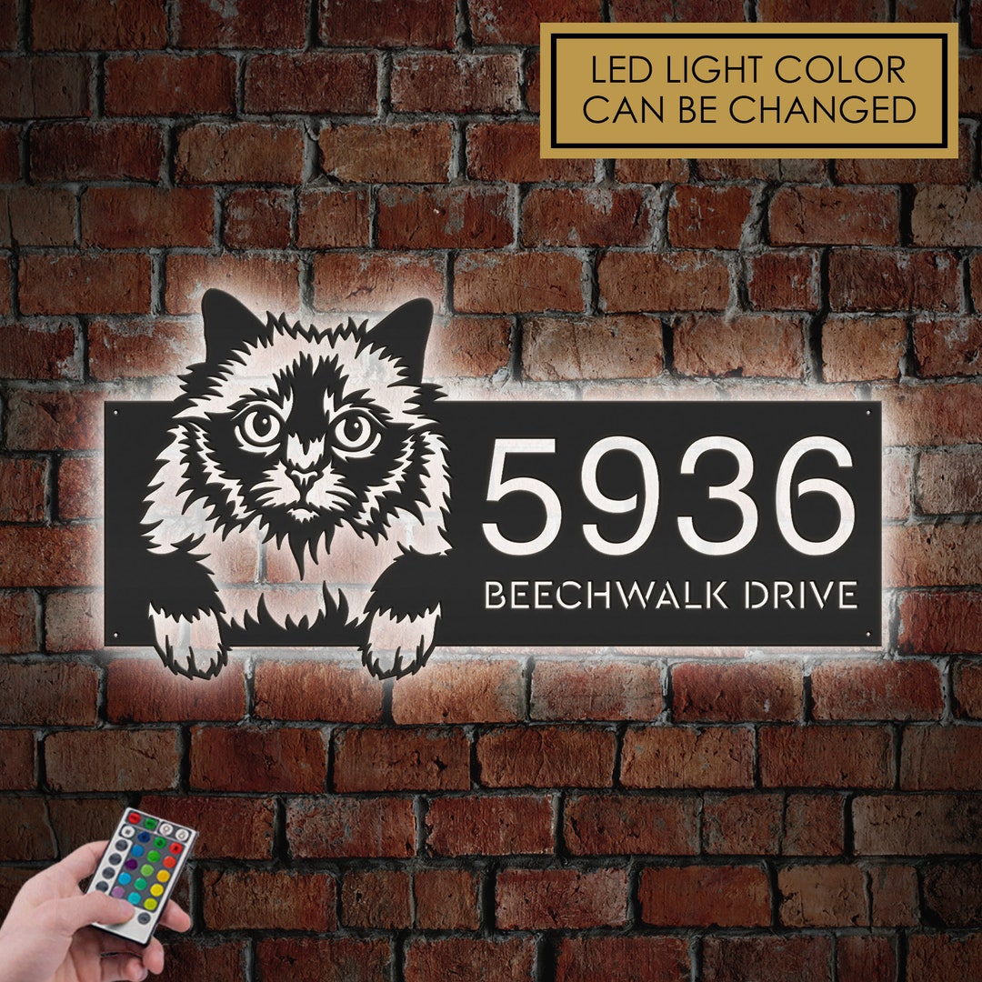 Personalized Peeking Holy Burma Cat Metal Address Sign With LED Lights ...