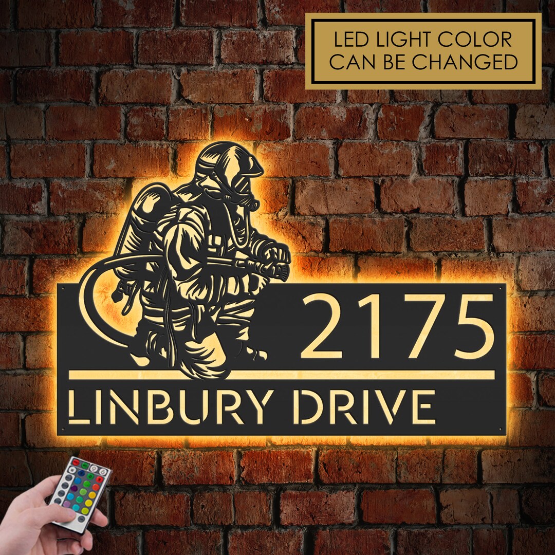 Personalized Firefighter Address Sign, LED Metal House Number Plaque - Etsy