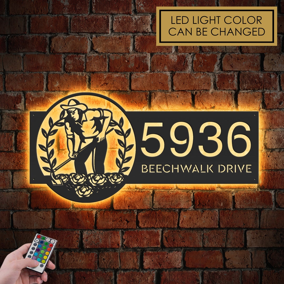 Personalized Farmer Metal Address Sign With LED Lights House Number ...