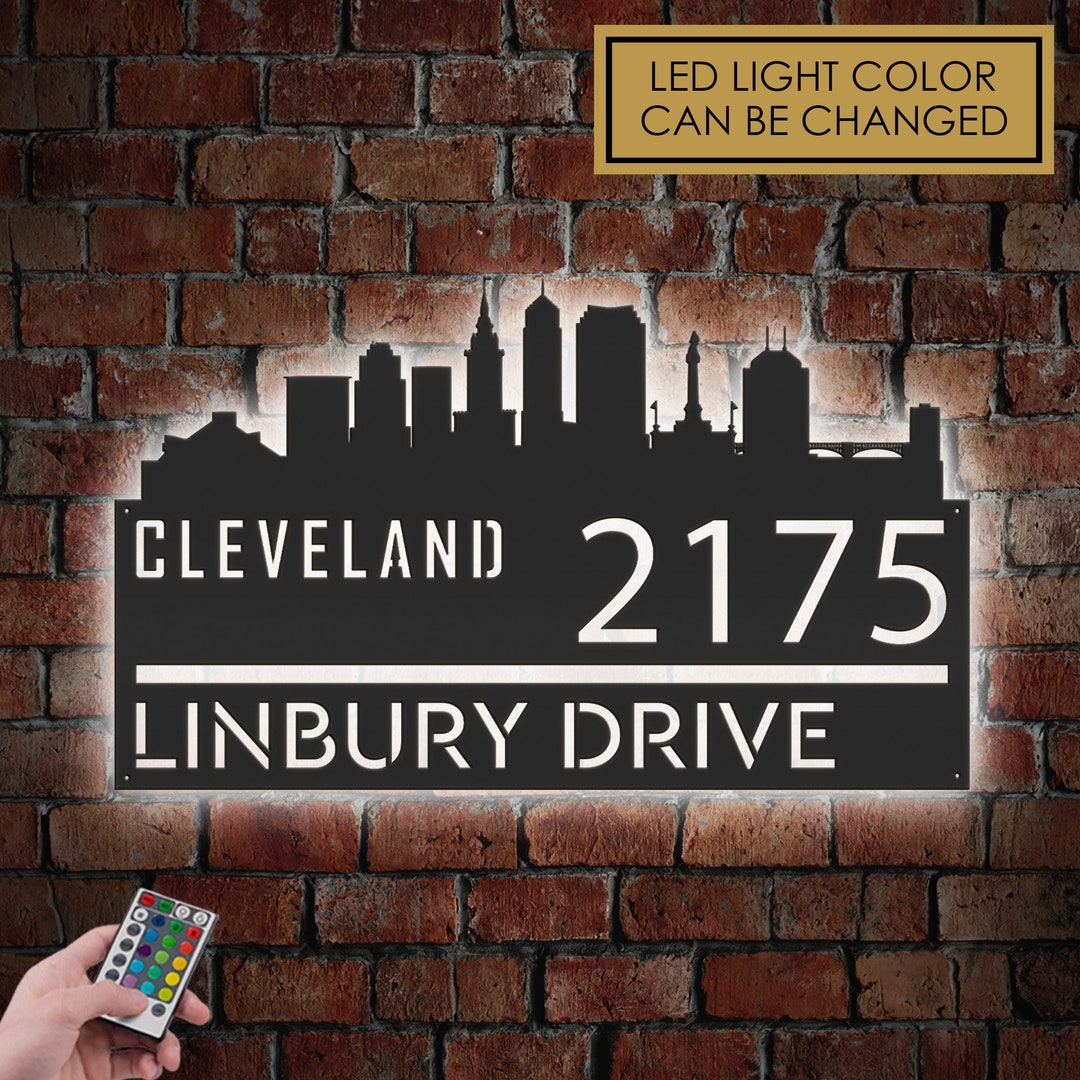 Personalized Cleveland City Skyline Metal Address Sign With LED Lights ...