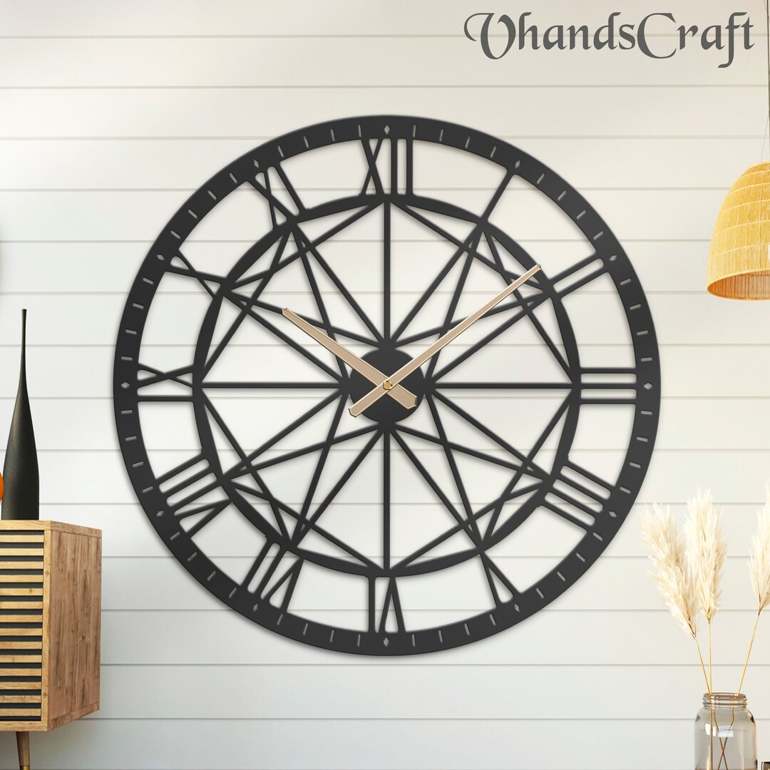 Black Large Roman Numbers Metal Wall Clock LED Lights, Modern Silent ...