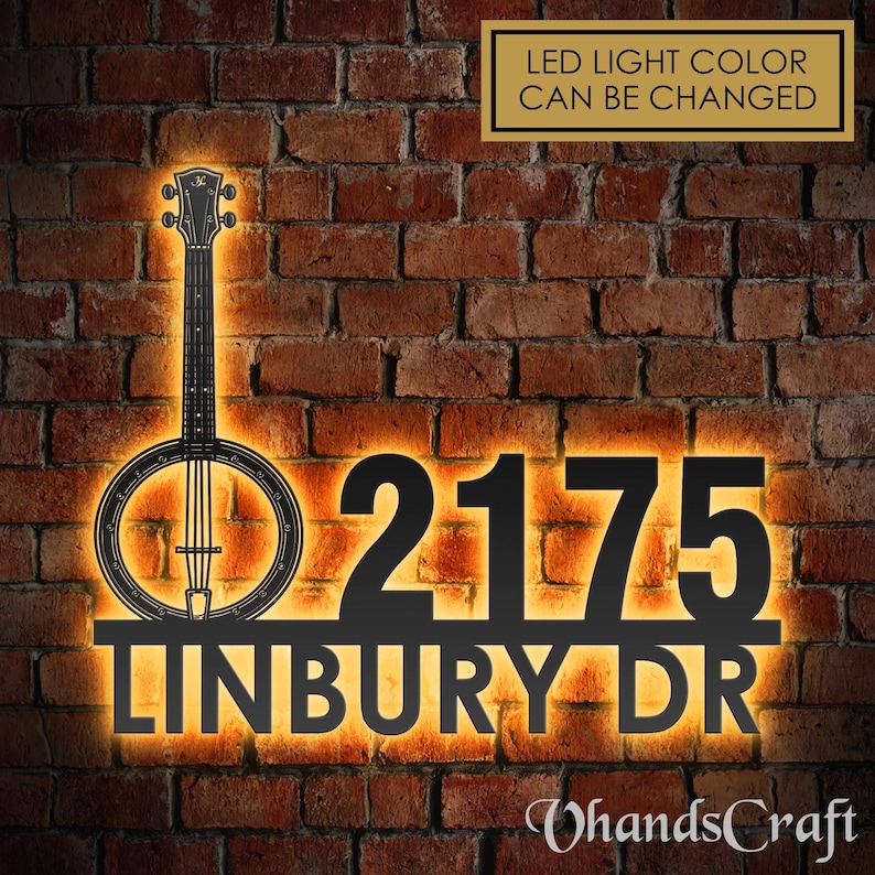 Personalized Banjo LED Address Sign - Custom Metal House Number Plaque ...