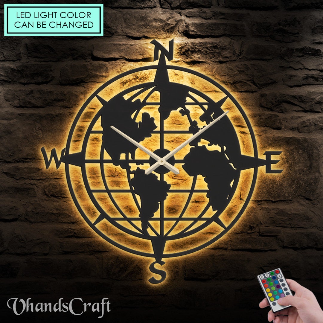 Black Large Compass Globe World Map Metal Wall Clock LED Lights, Modern ...