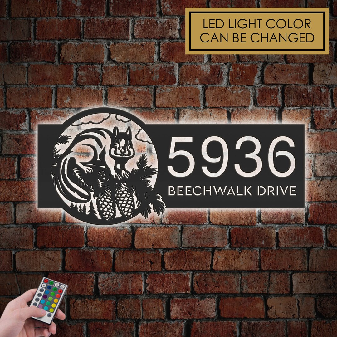 Personalized Chipmunk Metal Address Sign With LED Lights House Number ...