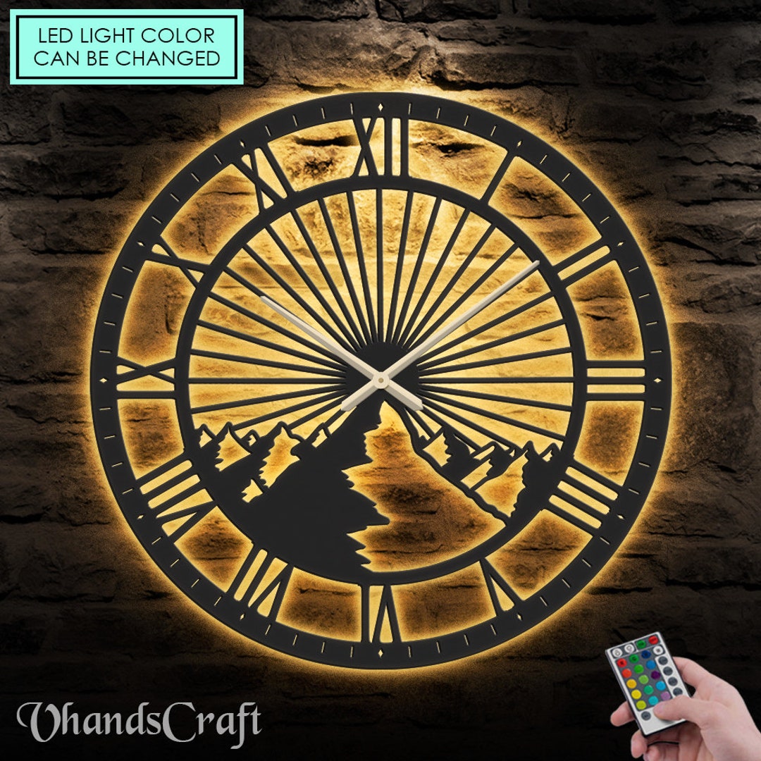 Black Large Mountain Scene Roman Numbers Metal Wall Clock LED Lights ...