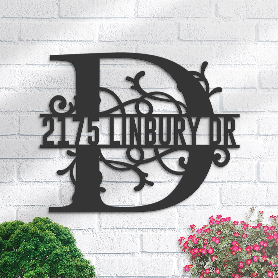 Personalized Floral Monogram Split Letter D Metal Address Sign House ...