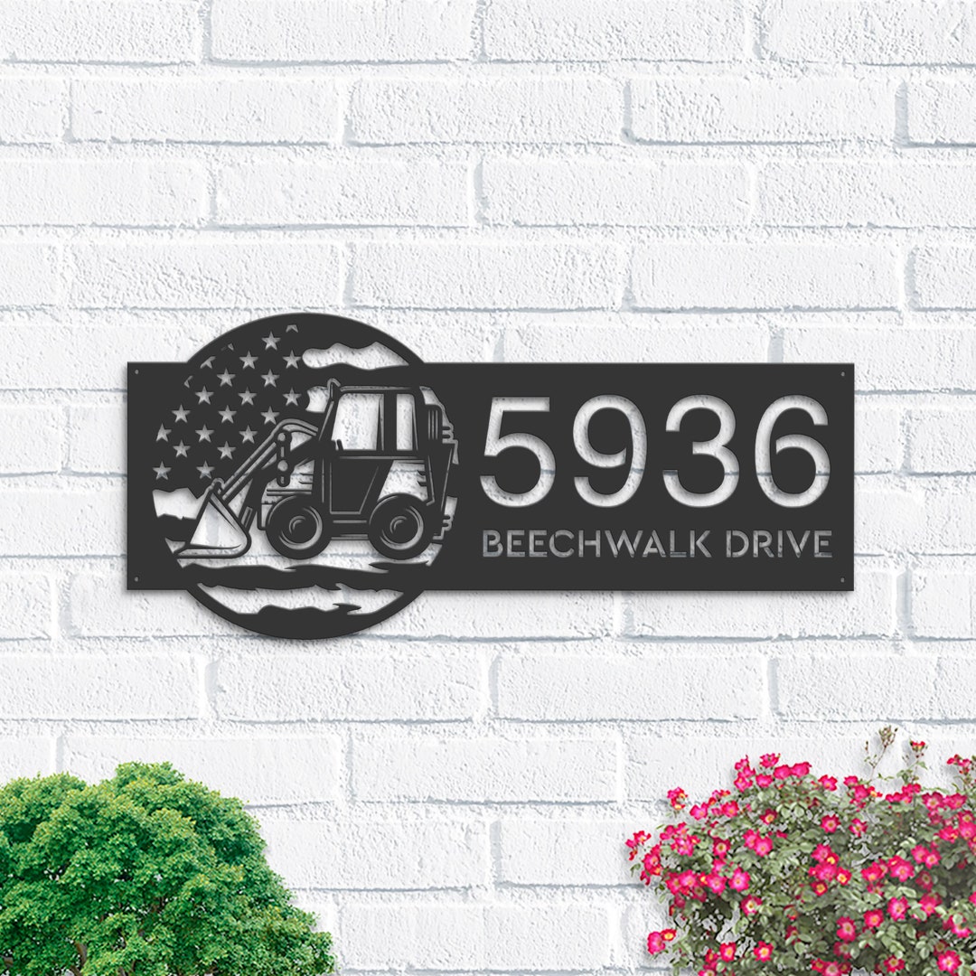 Personalized Farm Excavator Bulldozer US Flag Metal Address Sign Custom ...