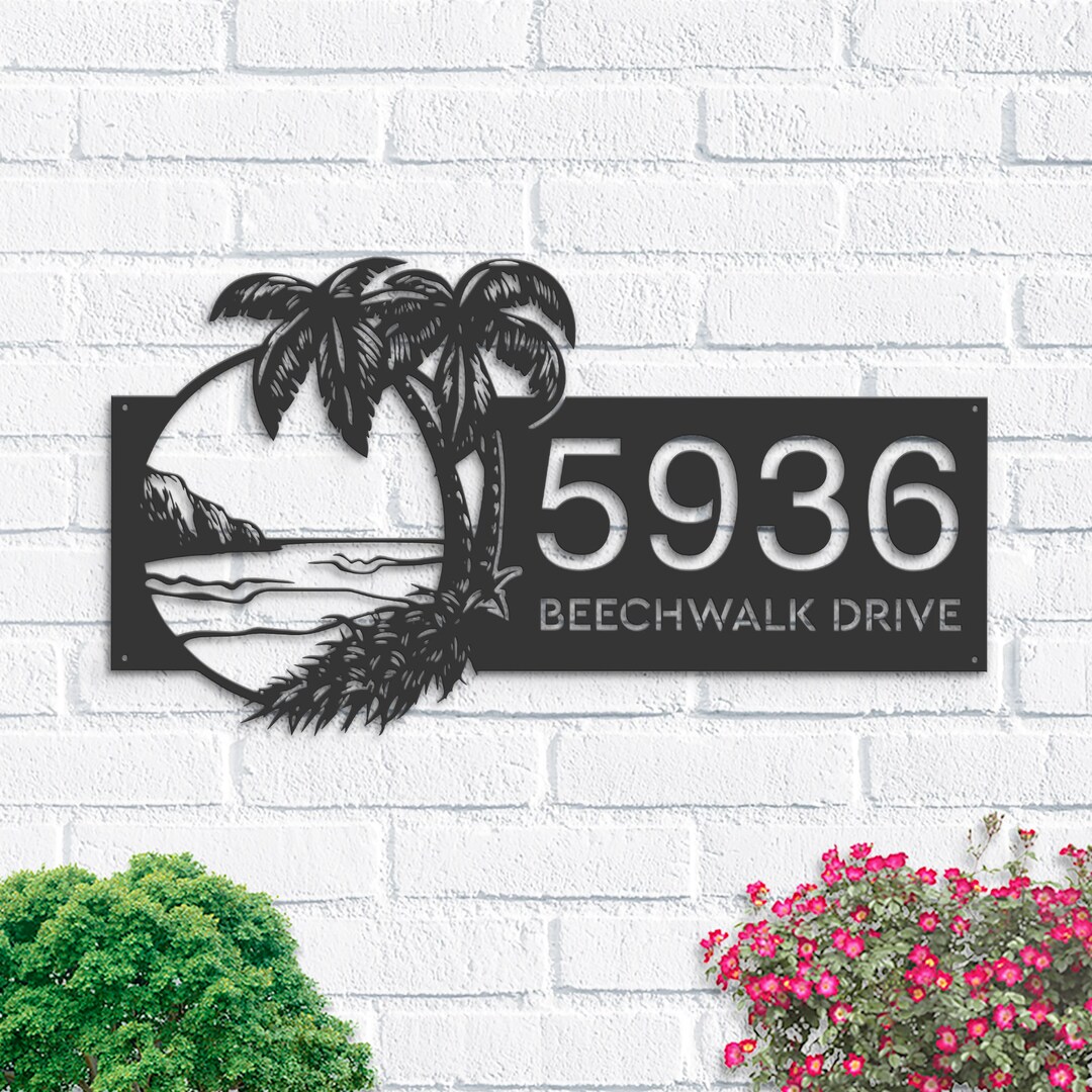 Personalized Island Beach Scene Palm Tree Metal Address Sign House ...