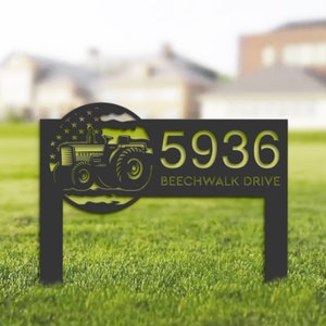 Personalized Farm Tractor US Flag Metal Address Sign Custom House ...